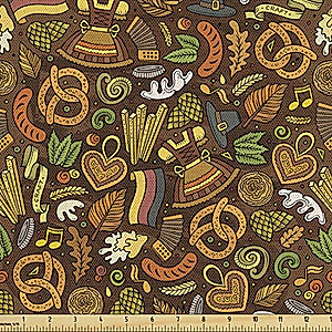 Ambesonne German Fabric by The Yard, Cartoon Style Deutschland Pattern with Flag Hops and Pretzels Hand Drawn Doodle, Decorative Fabric for Upholstery and Home Accents, 1 Yard, Multicolor