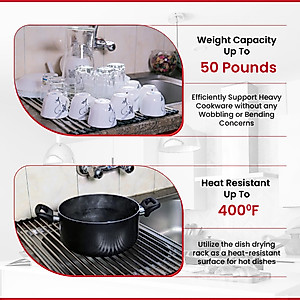 R RESERVE Upgraded, Roll up Dish Drying Over The Sink Rack Mat with Stainless Steel Wires, Rollable, Large, Black/Silver, (15.5" x 23")