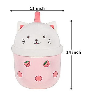 MMguai 14 inch Cute Big Boba Tea Strawberry Cat Plush Soft Hugging Pillow,Large Pink Pearl Milk Tea Stuffed Animals Toy Room Decor,Gifts for Kids Girls Birthday, Christmas