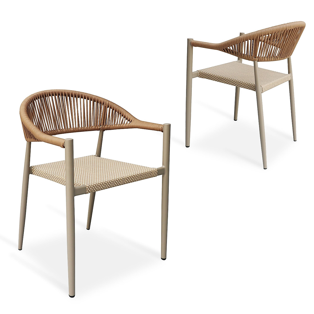 Erotr 4 Pcs Aluminum Patio Chairs, Stackable Rattan Patio Dining Chair with Arms, Woven Rope Outdoor Dining Armchair Metal Assembled for Bistro Garden Balcony Dining Room Cafe Restaurant, Light Brown