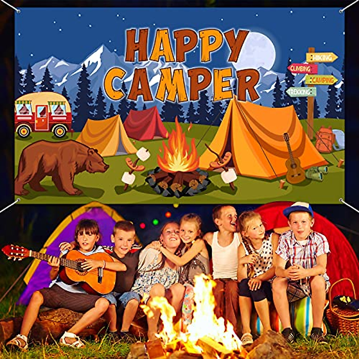 Camping Backdrop Camper Party Decoration Happy Camper Banner Campfire Forest Adventure Photography Background for Camping Theme Party Birthday Party Supplies with Rope, 72.8 x 43.3 Inch