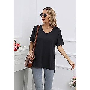 IRISGOD Womens V Neck Oversized T Shirts Loose Fit Short Cuffed Sleeves Tee Tops Black