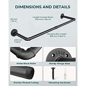 OROPY Industrial Pipe Clothing Rack 38.4", Heavy Duty Detachable Wall Mounted Clothes Rack Black Iron Garment Bar, Multi-purpose Hanging Rod for Closet Storage, Black (Two Base)