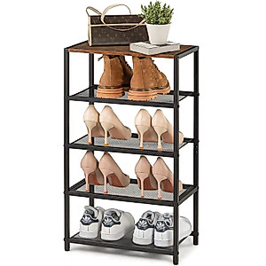 RUNJIMY Metal 5 Tier Shoe Rack for Front Door Entrance, Entryway, and Closet Shoe Organizer with 4 Sturdy Metal Mesh Shelves and Wooden Top, Holds 10 Pairs, Ideal for Storage or Display