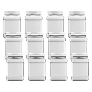 Mountain West Company 48 fl oz Square Clear Jar with Pinch Handle, 12 Count, Pantry Storage & Organization, Plastic Container with Lid