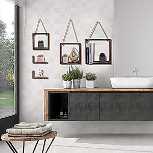 Decoroca Floating Hanging Square Shelves - Set of 5 Wall Mounted Decor Rustic Wood Cube Photo Plant Display Shadow Boxes Decorative Shelf, Home Office Decoractions for Living Room Bedroom, Brown