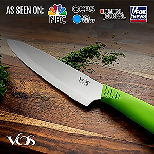 Vos Ceramic Chef Knife 8 Inch with Cover and a Gift Box - Sharp Zirconia Blade Edge for Cutting, Paring, Slicing, Dicing, Chopping - Ideal for Vegetable and Fruit (Green)