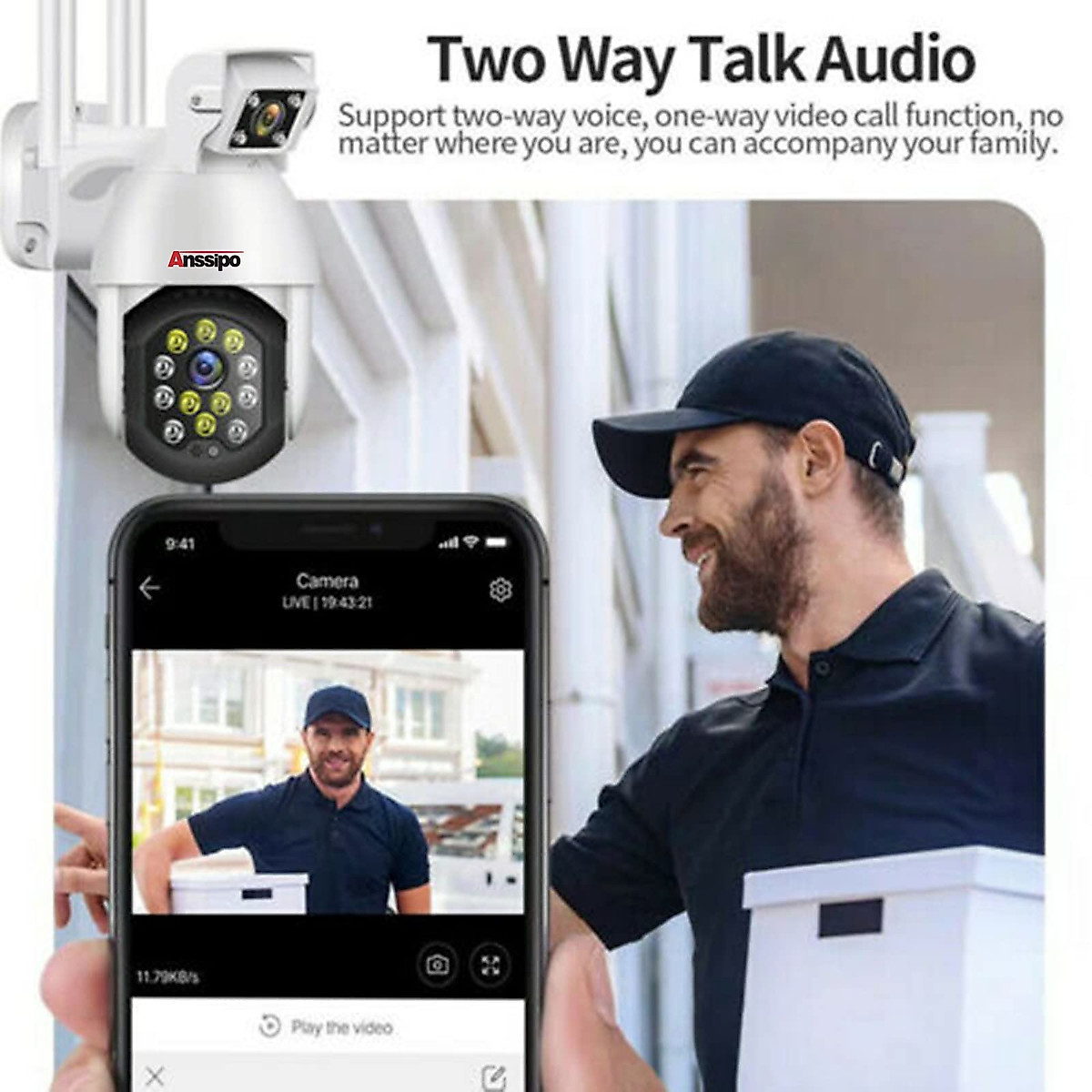 Anssipo Wireless Security Camera Outdoor, Dual Lens 360° 1080P HD WiFi PTZ Camera IP Surveillance Camera for Home with Two-Way Audio, Color Night Vision, Motion Detection