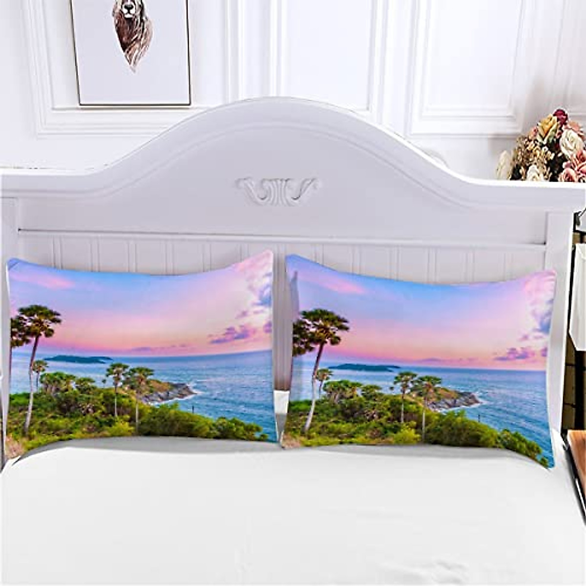 Quilt Cover Twin Size Thailand Scenery 3D Bedding Sets Sea, Coconut Trees Duvet Cover Breathable Hypoallergenic Stain Wrinkle Resistant Microfiber with Zipper Closure,beding Set with 2 Pillowcase