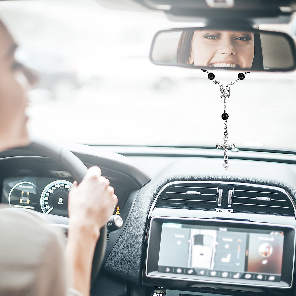 4 Pieces Auto Rosary for Rearview Mirror Pearl Glass Beads Catholic Bracelet Rosary Beads Catholic for Woman Men Car Rosary with Cross Crucifix Rosary Necklace Hanging Accessories (Black Beads)