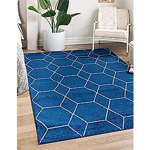 Rugs.com Lattice Frieze Collection Rug – 9' x 12' Navy Blue Medium Rug Perfect for Living Rooms, Large Dining Rooms, Open Floorplans