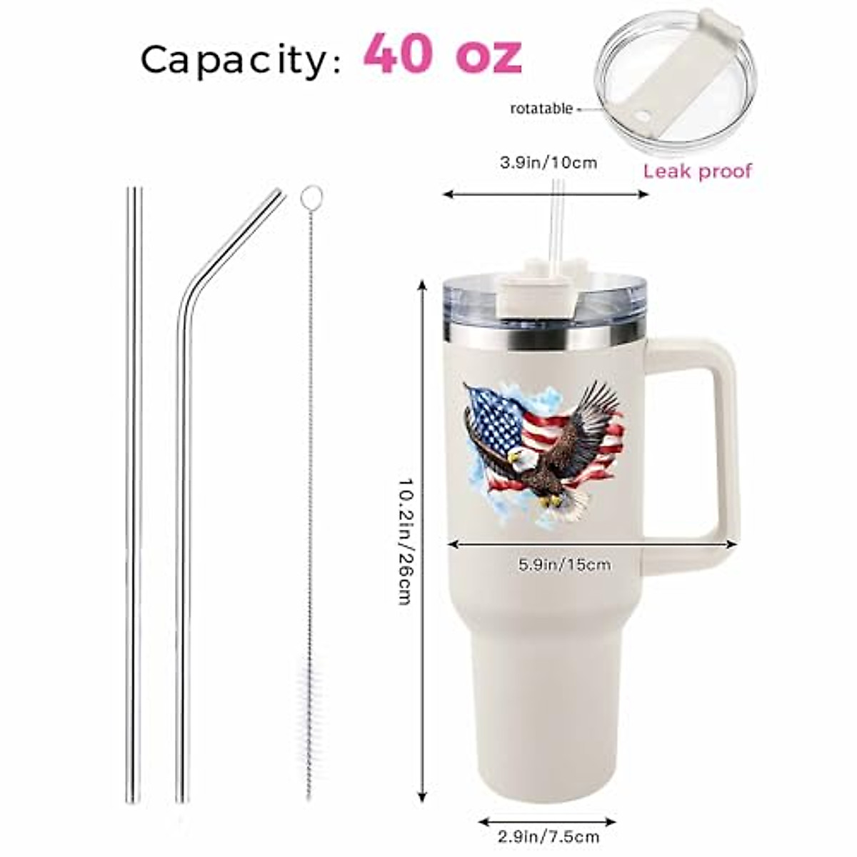 LB LEOBON 40 ounce insulated cup with handle, double-layer vacuum stainless steel material, equipped with straw, can keep warm or maintain cold drinks Eagle American Flag white