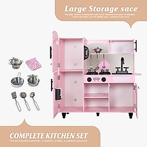 TaoHFE Wooden Play Kitchen Kids Kitchen Playset Toy Kitchen Sets for Girls Gift Kids Kitchen Playset Pink Toddler Kitchen for Kids Age 3+ Pretend Play with Lights & Sounds (Pink)