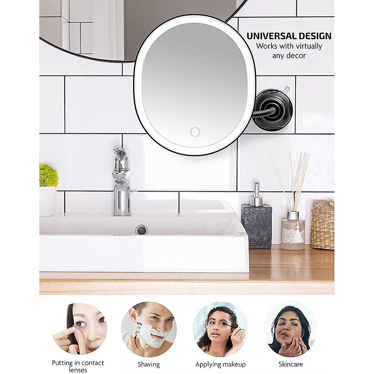 OVENTE 9'' Lighted Wall Mount Makeup Mirror with Mini Magnetic 10X Magnifying Mirror, Rechargeable Vanity Mirror, Touch Screen Dimmable LED Lights, Flexible Gooseneck & Suction Mounting, Black MOW22B
