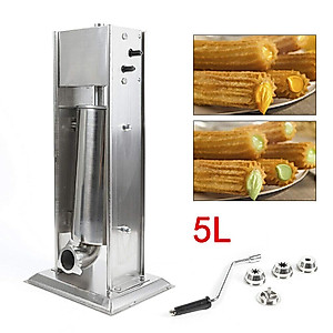 Commercial Churro Machine Hand Crank Stainless Steel Churro Maker with 6 Nozzles Home 5L Vertical Type Manual Spanish Donuts Churro Filler Machine for Restaurants Cafeterias Bakeries