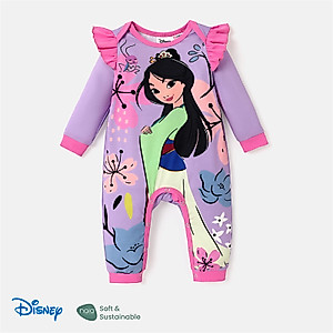 Disney Princess Rapunzel Ariel Belle Tiana Baby Girls Ruffle Long Sleeve Romper Newborn to Infant Purple 6-9 Months