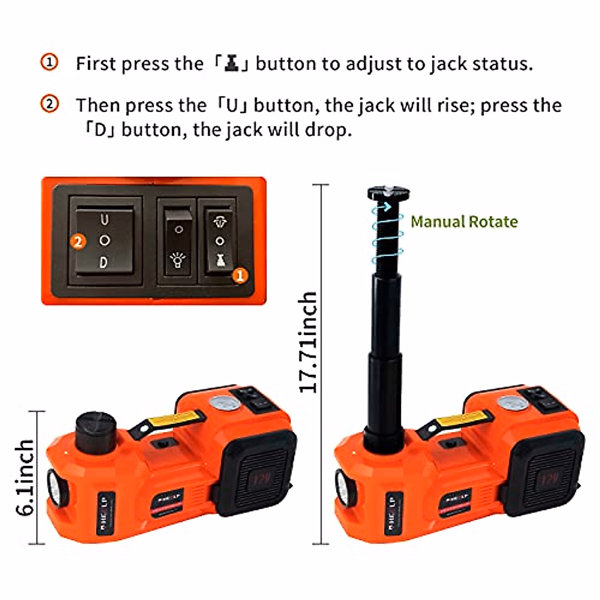 E-HEELP Electric Car Jack 5Ton 12V Kit Car Jack Hydraulic (Lifting Range: 6.1~17.7 inch) with Inflator Electric Jack for Car SUV Sedan MPV Change Tires Garage Repair Emergency Kit