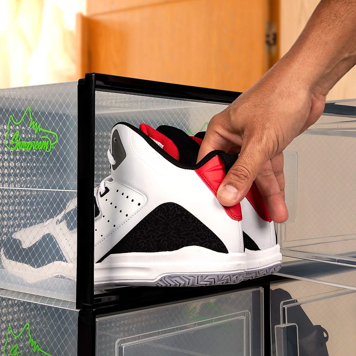 Shoepreem BLACK LARGE 6 pack - 14.6 Inches Long for BIG Shoes & Sneakers, Shoe Storage Organizer, Shoe Storage Boxes, Shoe Box Clear Plastic Stackable, Shoe Containers, Shoe Organizer for Closet