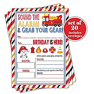 Firetruck Themed Birthday Party Invitation - Set of 20 with envelopes