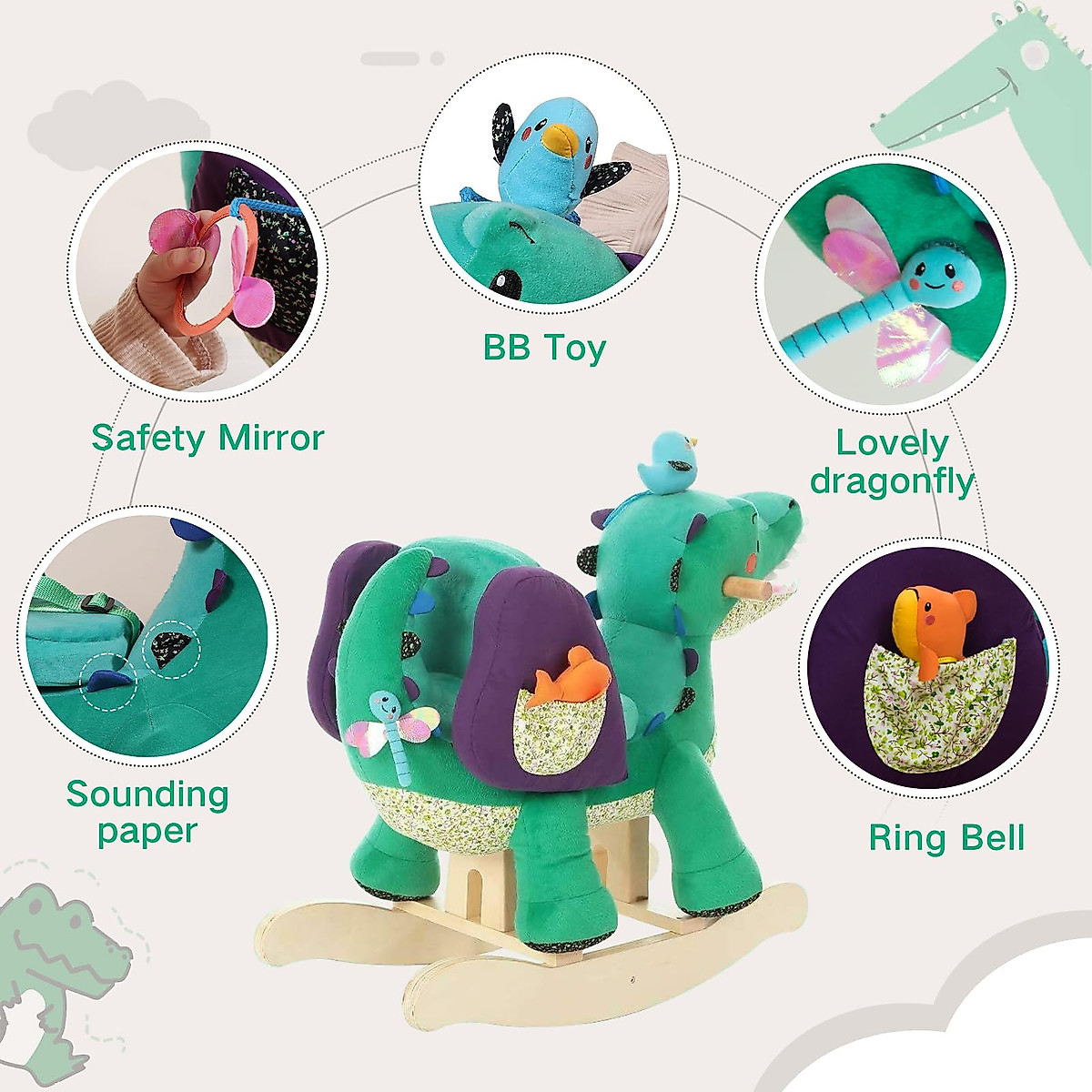 labebe Child Rocking Horse Toy, Stuffed Animal Rocker, Green Crocodile Plush Rocker Toy for Kid 6 Month -3 Years, Wooden Rocking Horse Chair/Rocker/Animal Ride on