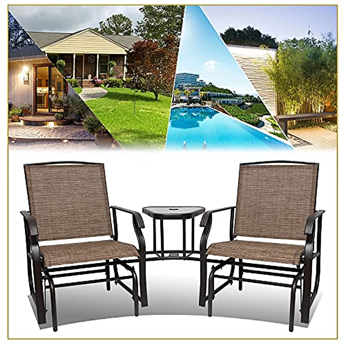 HSQQ 3 in 1 L Porch Glider Loveseat Outdoor Patio Swing Glider Chair 2-Person Outdoor Sling Fabric Double Glider Rocker Chair, Coffee Table with Umbrella Hole for Garden, Porch, Backyard, Beige