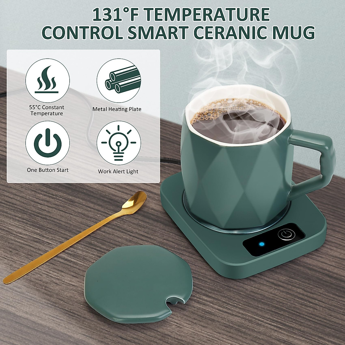 Coffee Warmer with Ceramic Mug, Electric Coffee Warmer for Desk Home Office, 131℉ Temperature Control, 16 Watt, Smart Coffee Cup Warmer for Heating Coffee, Milk, Tea