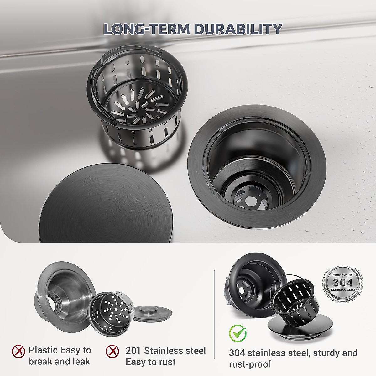 BOTEMY Stainless Steel Black Sink Drain Strainer 3-1/2'' Kitchen Sink Drain Assembly Kit with Removable Deep Sink Strainer Basket & Sink Stopper Flat Cover Replacement for Home Standard Kitchen Sinks
