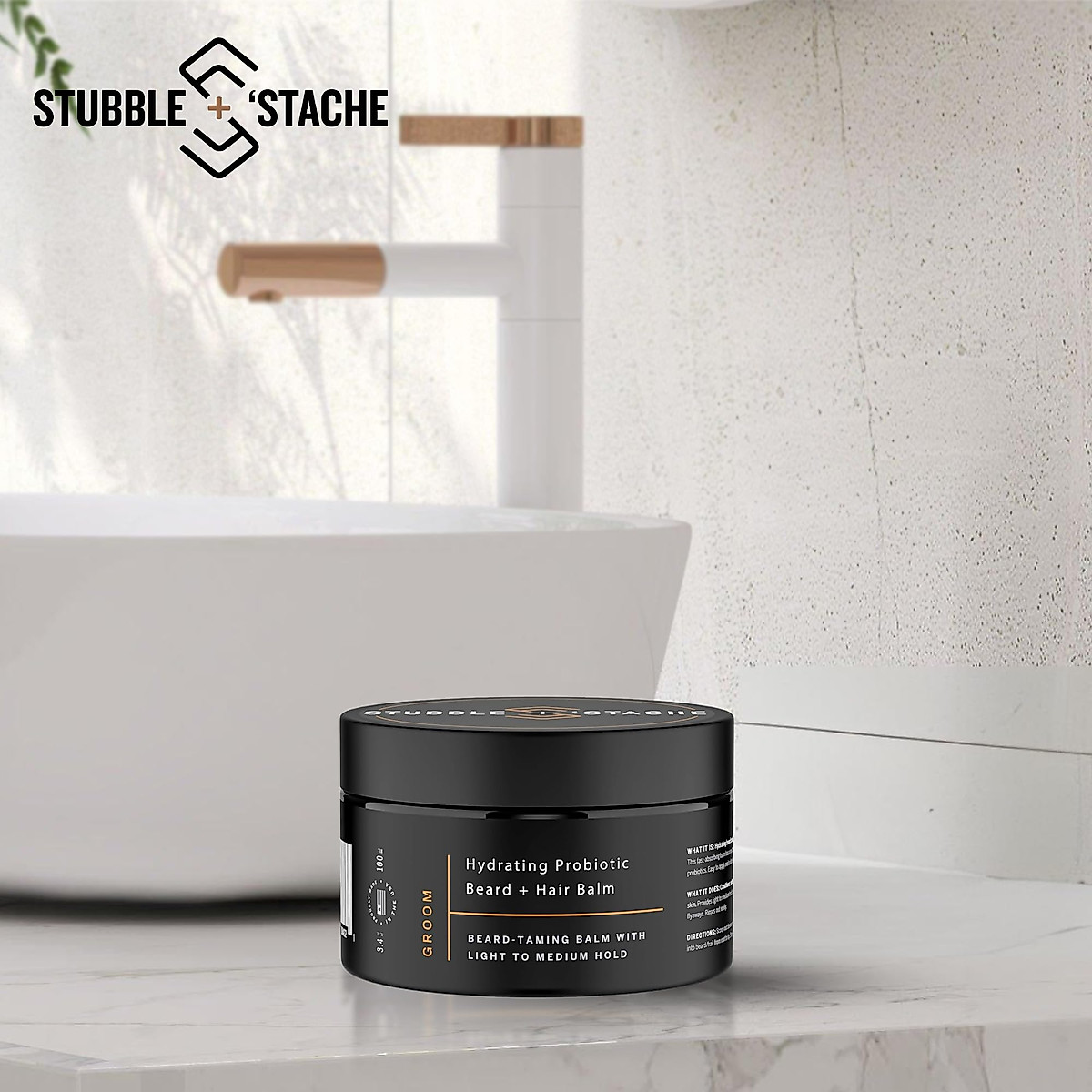 stubble & stache Mens Beard & Hair Balm with Shea Butter, Jojoba & Argan Oil Leave-in Conditioner - Wax for Mustache - Fragrance Free - 3.4 fl oz