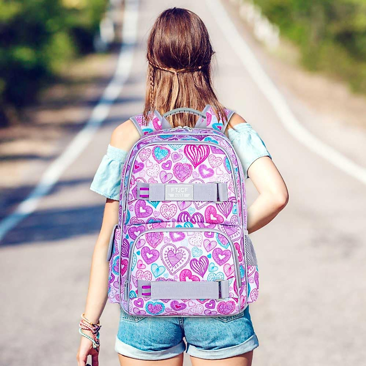 FTJCF Laptop Backpack, 16 Inch School Bag College Bookbag, Anti Theft Daypack Bags and Lunch Bag Set, Water Resistant Love Backpacks for Teens Girls Women Students (PinkGrey)