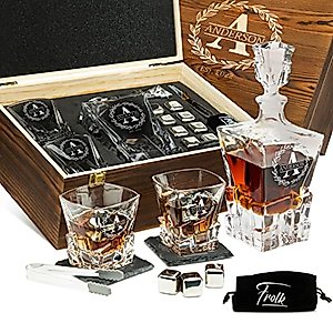 Personalized Whiskey Decanter and Stones Set - Customized Gift for Men, Dad, Father - Engraved Rocks Whiskey Decanter, 2 XL Glasses, 8 Whisky Cubes, 2 Coasters, Tongs, Pouch in Wooden Gift Box