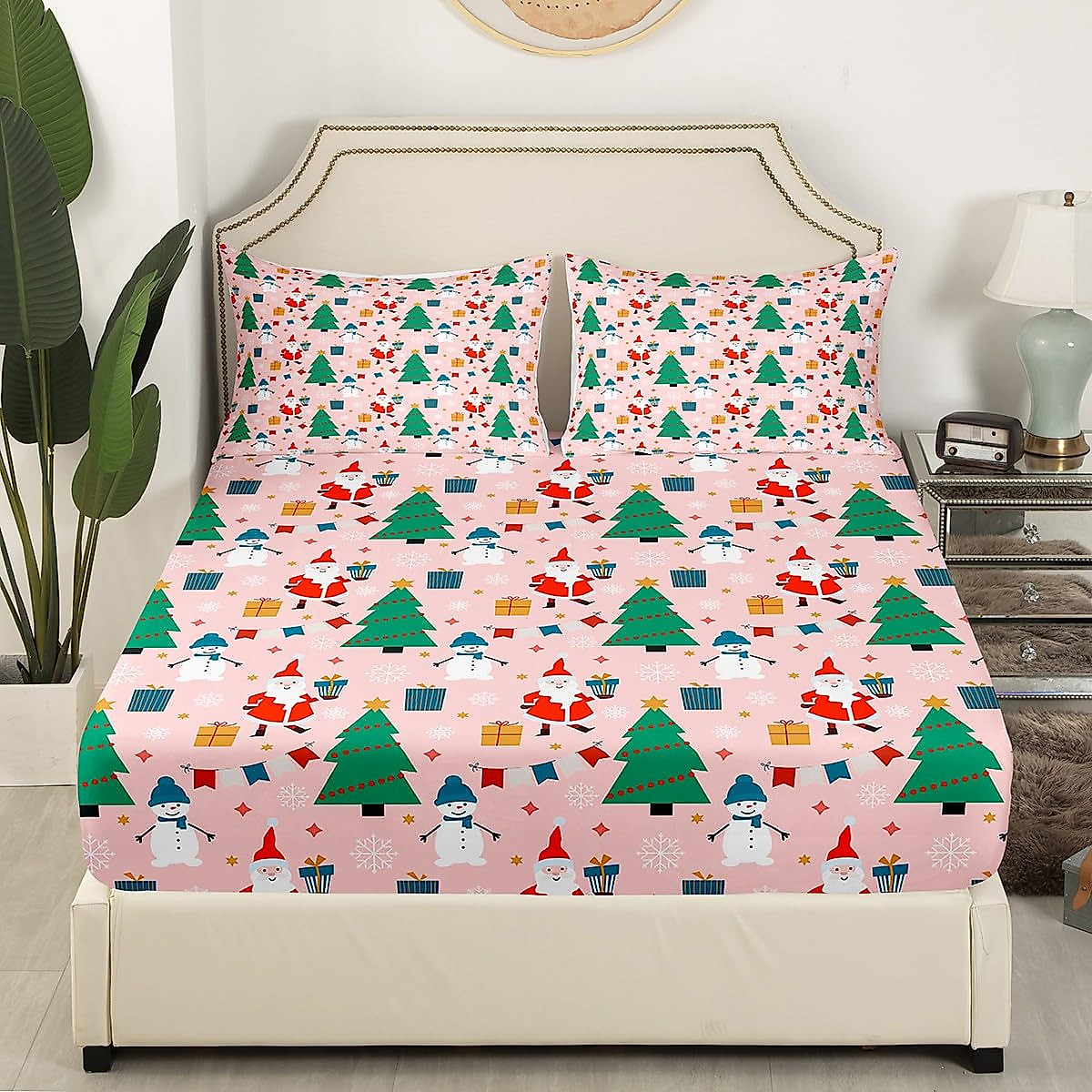 Kids Merry Christmas Tree and Snowman Fitted Sheet Twin Size Xmas Deer Elk Decor Bed Sheet Set for Boys Girls Teens Bedroom Decor Snowflake Bedding Set Women Men Bed Cover with 1 Pillow Case