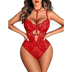 Avidlove Lingerie for Women Floral Lace Cut Out Teddy Bodysuit One Piece Teddies Babydoll True Red