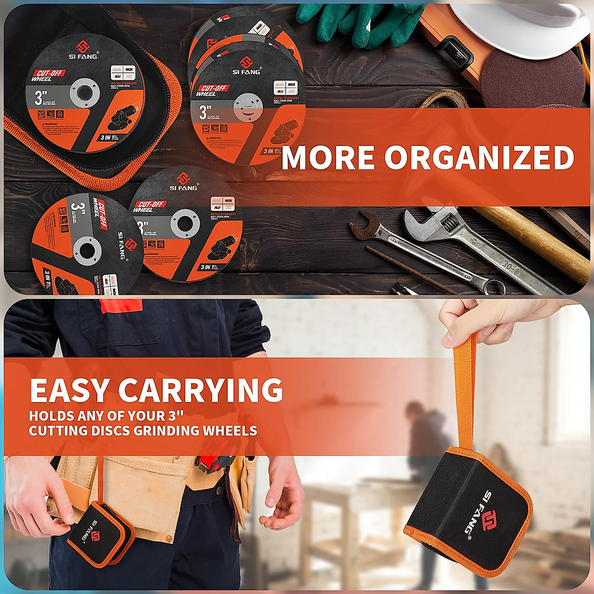 SI FANG 25Pcs 3 inch Cut Off Wheels with 1/4 in Mounting Mandrel Kit for Die Grinder, 3/8" Arbor Cutting Wheel with Pouch for Metal & Stainless Steel Rotary Tool Drill Attachment Cutter Discs