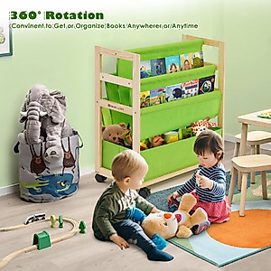 Jomifin Rolling Bookshelf with Toys Storage Bins, Kids Sling Book Shelf with Wheels Large Capacity for Kids Bedroom Playroom - Double Sided