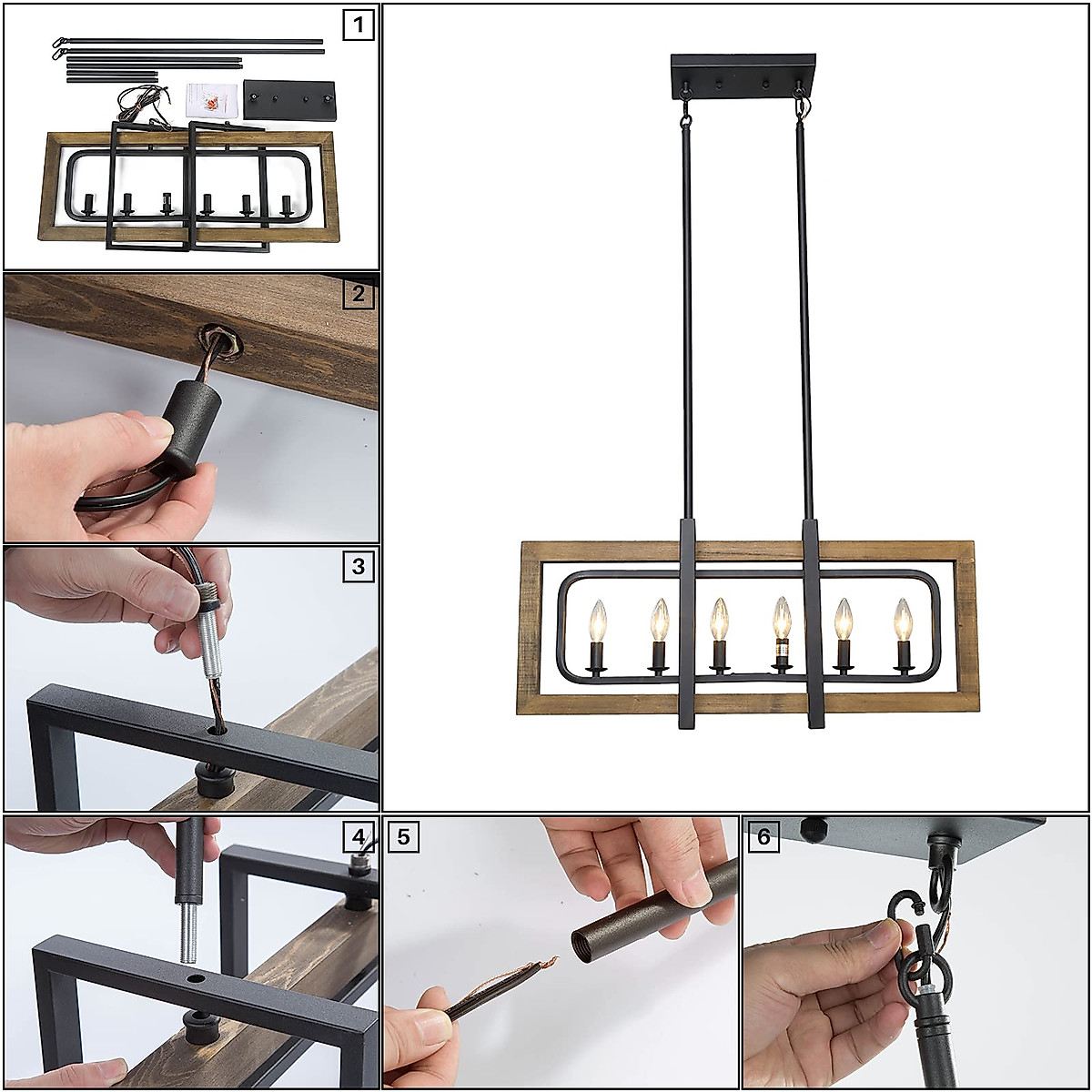 LOG BARN Farmhouse Chandelier, Pendant Lighting for Kitchen Island in Distressed Wood and Black Metal Finish, Ceiling Hanging Fixture for Dining Room