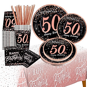 50th birthday decorations for women - (Total 121pcs) rose gold Birthday supplies Plates and Napkins, Cups, Straws, tablecloth, Disposable Tableware for 24 Guests
