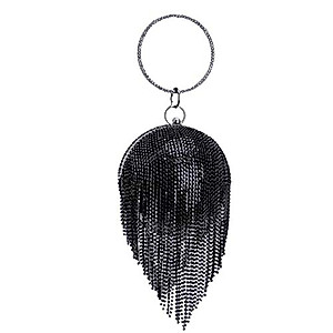 Womans Round Ball Clutch Handbag Dazzling Full Rhinestone Tassles Ring Handle Purse Evening Bag Women Round Ball Crystal Evening Clutch Purse Tassel Wedding Party Handbags (Black)