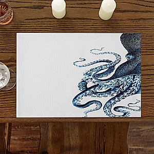 Octopus Placemats for Dining Table Set of 4, Nautical Sea Ocean Giant Octopus Tentacles Kraken Table Mats Stain Resistant Heat Insulation Non-Slip Washable Table Decoration for Kitchen, Blue