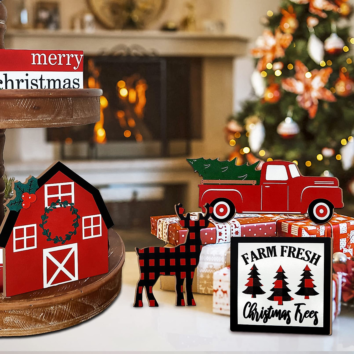 Guoofu Christmas Tiered Tray Decor, Farmhouse Tray Decorations Indoor, Merry Christmas Deer Truck Winter Wooden Signs, Rustic Christmas Decor for Kitchen Home Table Mantel Office Holiday Party