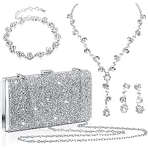 4 Pieces Women Rhinestone Evening Clutch Bag Rhinestone Ear Clip Bridal Wedding Choker Bracelet Dangle Prom Jewelry Set for Women Silver Evening Bag Bling Glitter Purse for Girls Party (Elegant Style)