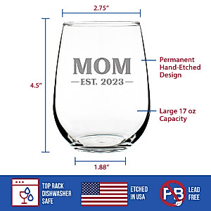 Mom Est 2023 - New Mother Stemless Wine Glass Gift for First Time Parents - Bold 17 Oz Large Glasses