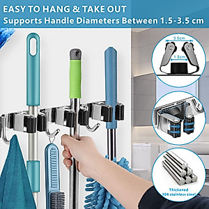 Voolan 2 Pack Mop and Broom Holder Wall Mount - Stainless Steel Heavy Duty Garden Tool Organizer, Self Adhesive Garage Organization and Storage Utility Rack (5 Racks and 4 Hooks, Chrome)