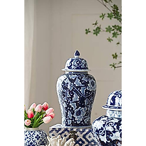 A&B Home 18" Porcelain Decorative Jar with Lid Blue White Floral Print Vase Ginger Jar Centerpiece Decor
