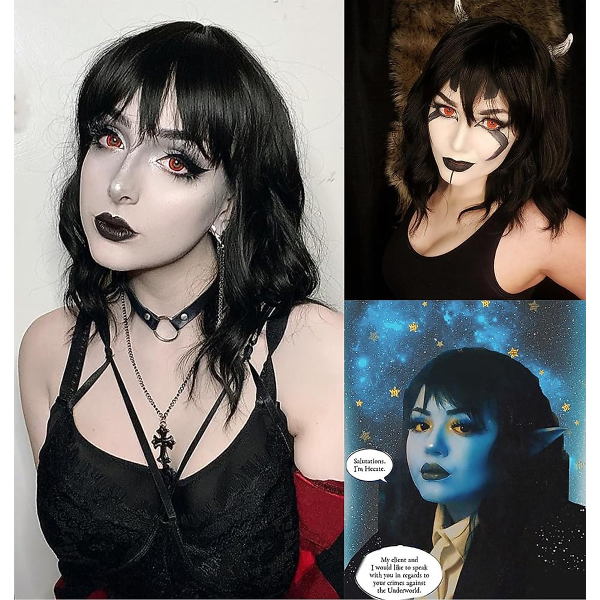 Elfairy Black Wig with Bangs Wig for Women 12in Short Bob Wavy Curly Wig Natural Black Hair Wigs Heat Resistant Hair Replacement Wigs(12'' Natural Black 1B)