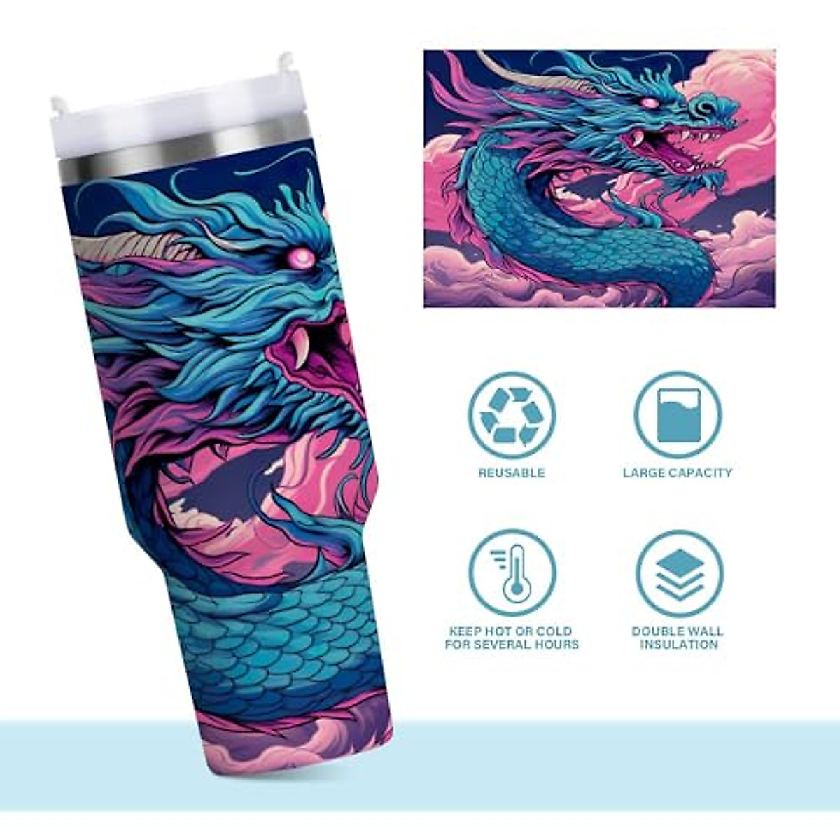 Jihqo Cloud Dragon 40 oz Stainless Steel Vacuum Insulated Tumbler with Handle and Straw Lid, Leakproof Water Bottle Double Wall Travel Mug Coffee Cup, Cupholder Friendly