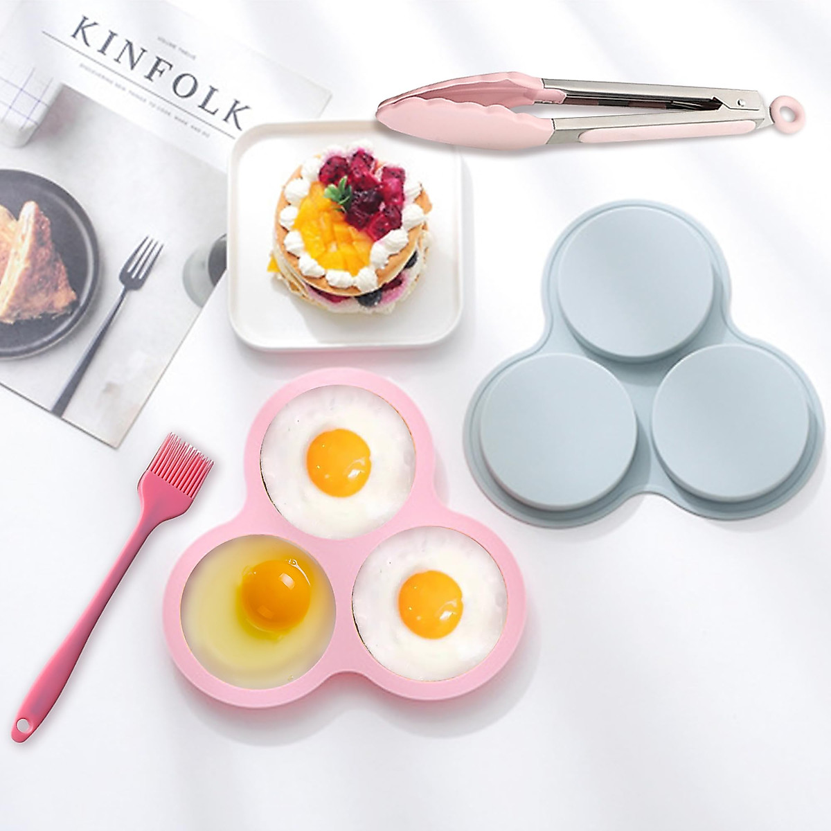 ZHUOMINGJIA 2Pcs Silicone Air Fryer Egg Pan with Silicone Basting Brush for Baking and Silicone Tong,Reusable 3 Cavity Silicone Air Fryer Egg Pan,for make food using air fryers or ovens(4PCS,Pink)
