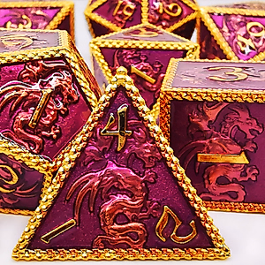 MJDICEOK Metal Dragon DND Dice Set 7 Role Playing Dice D&D Solid Dice Golden Purple