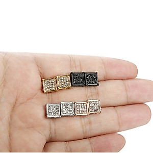 FIBO STEEL 4 Pairs Stainless Steel Stud Earrings for Men Women Square CZ Earrings,8MM