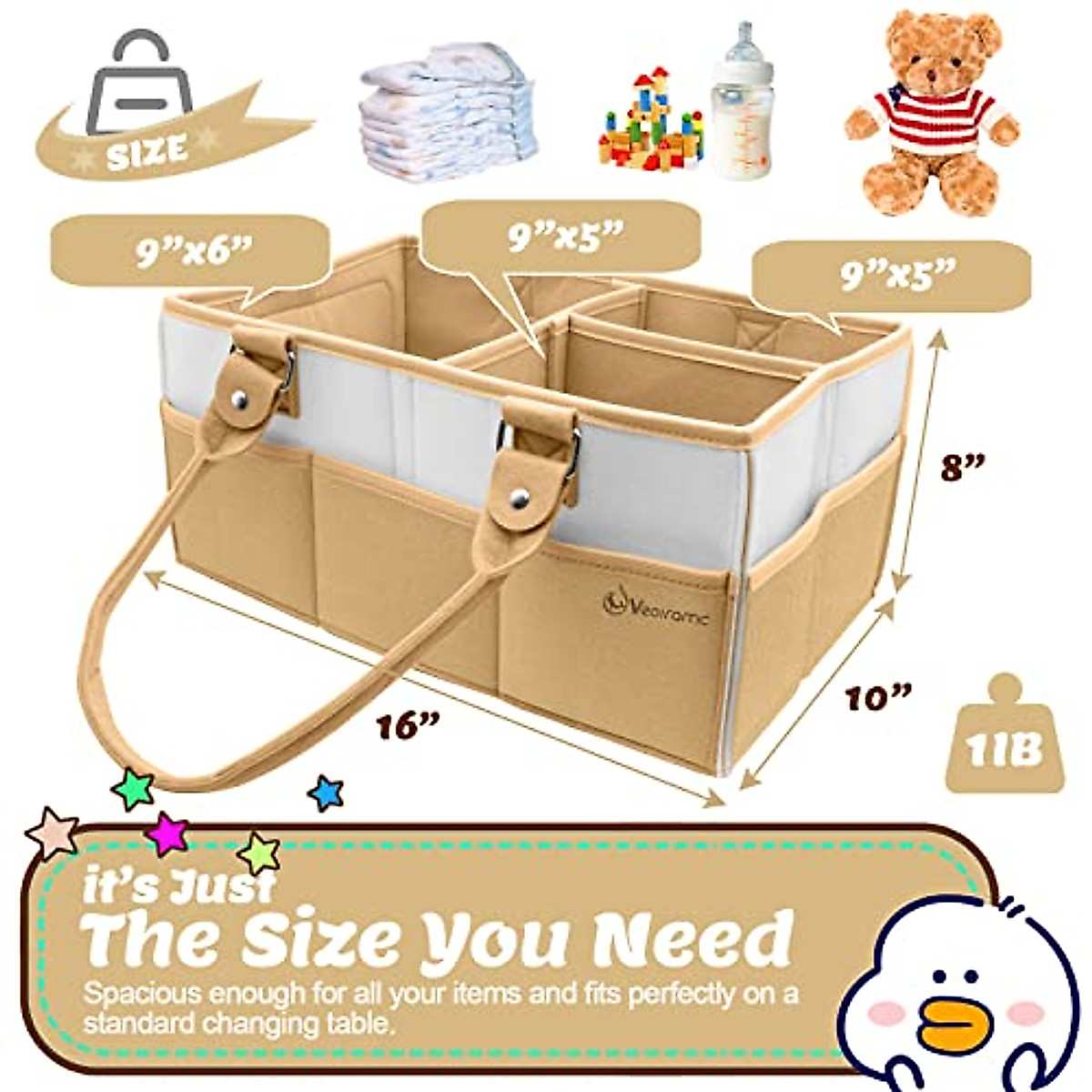 Veoiramc Diaper Caddy Organizer for Baby - Large Diaper Caddy for Baby with Handle, Felt Diaper Organizer Caddy for Change Table, Portable Changing Table Diaper Caddy for Baby Boy, Girl - Brown