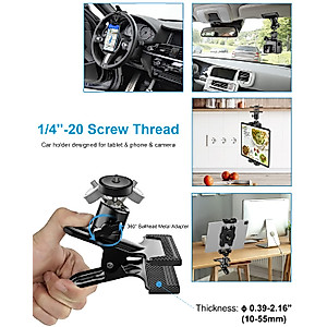 woleyi Sun Visor Car Tablet Holder, Visor Clip Tablet Mount for Car, 360° Rotation Universal Steering Wheel Tablet Clamp with 1/4'' Screw for iPad Pro Air Mini, Phone, Switch, 4.7-13" Devices/Camera